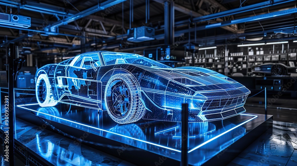 A blue, wireframe model of a sports car is showcased in a factory ...