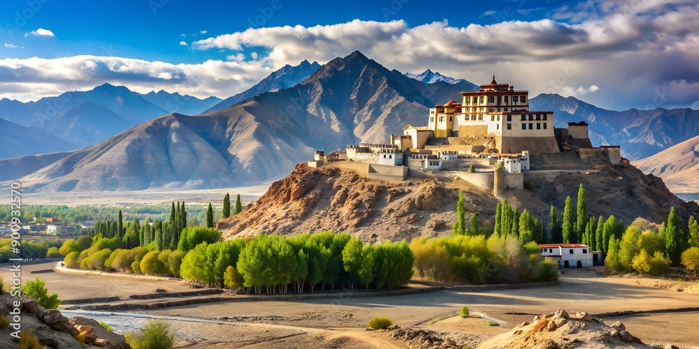Stakna monastery with view of Himalayan mountians it is a famous ...