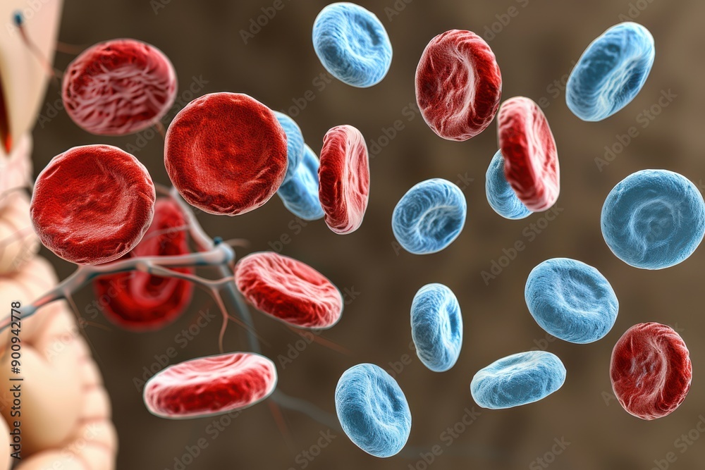 A close-up of red and blue blood cells, highlighting their texture and ...