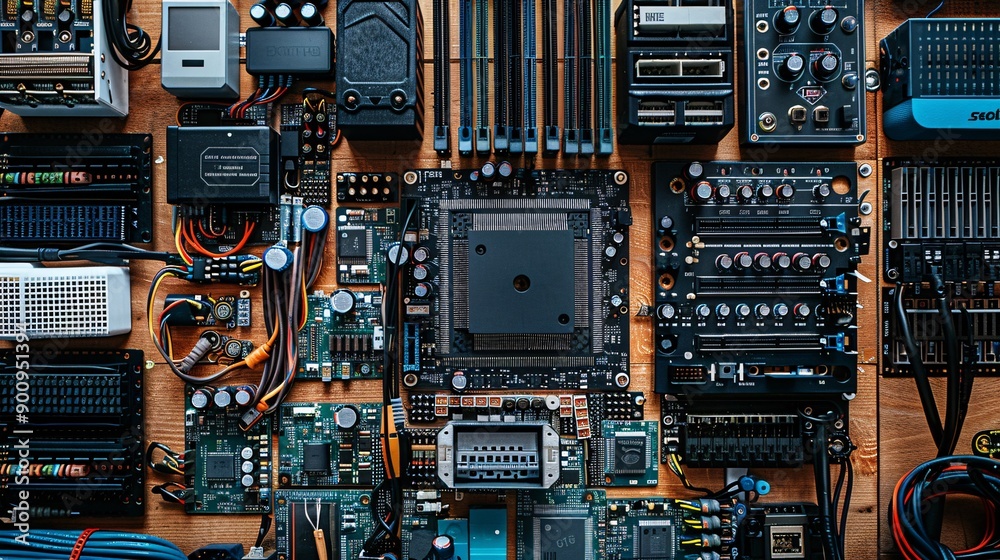 Essential tools for telecommunications work arranged in a flat lay ...