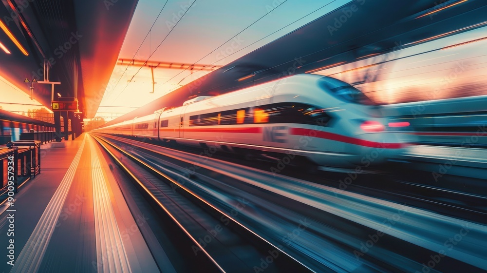 High-Speed Train at Sunset in Modern Railway Station with Motion Blur ...