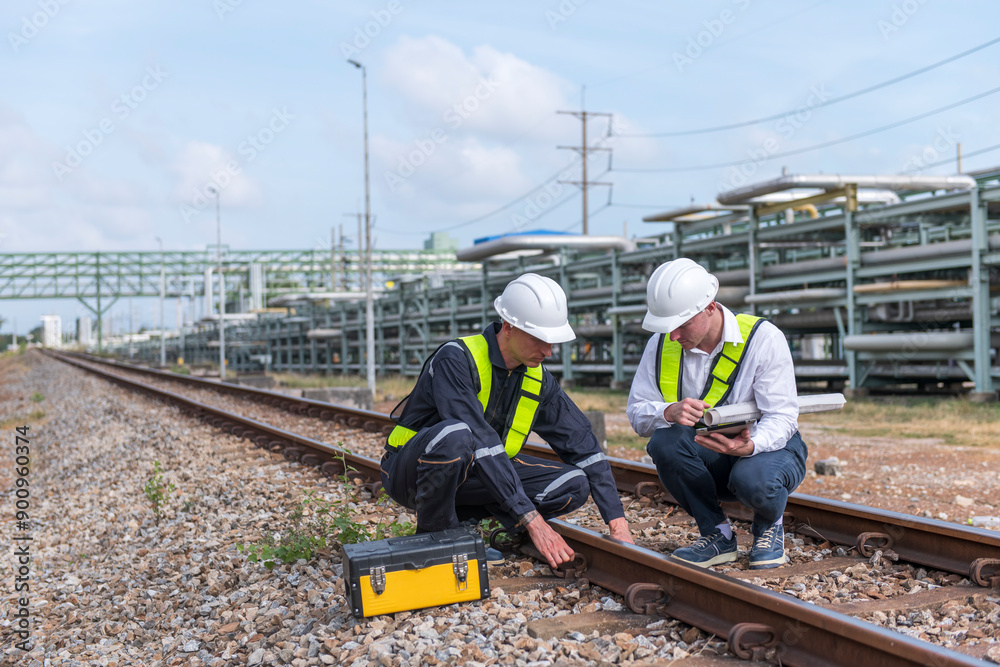engineer sitting on railway inspection. construction worker on railways ...