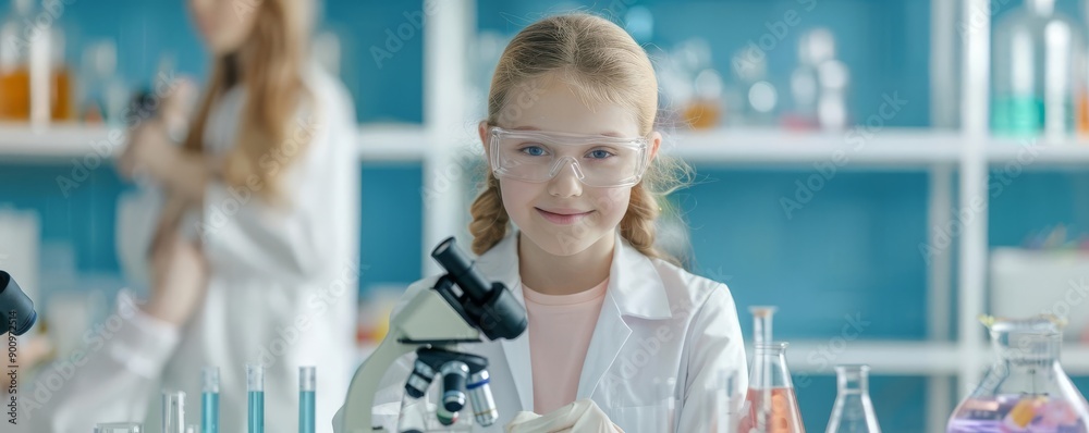 Science lab with students conducting experiments, microscopes, test ...