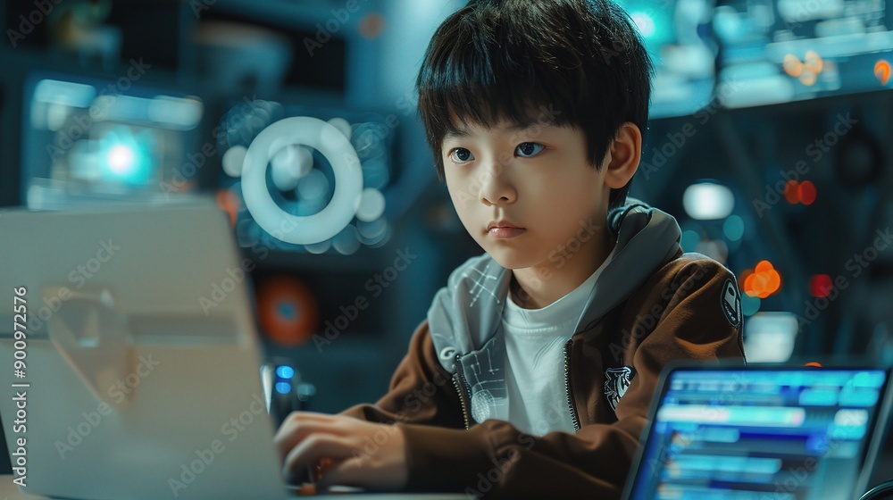 Young Prodigy in the Digital Realm: A young boy intensely focused on ...