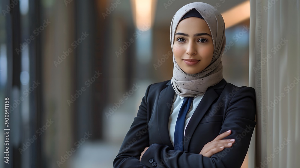 Confident Muslim woman in a black suit and dark blue tie smiling warmly ...
