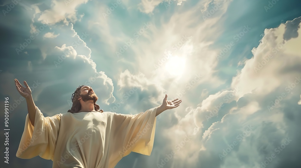 Jesus Christ with open arms reaching out in the sky hand gestures of ...