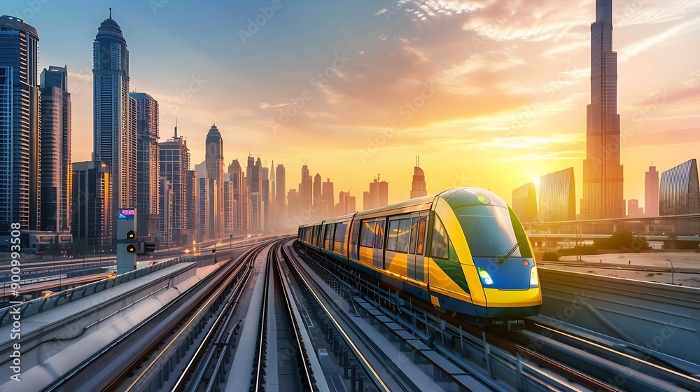 Dubai cityscape modern metro railway with skyscrapers sunset Traffic ...