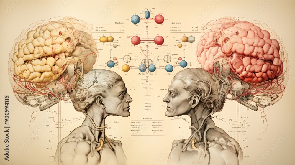 A scientific diagram of the brain's left and right hemispheres with ...