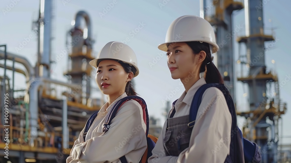 Two Asian female engineer with white safety helmet standing front of ...