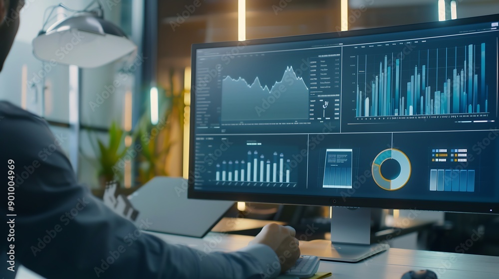 Businessman working with data management system on computer to make ...