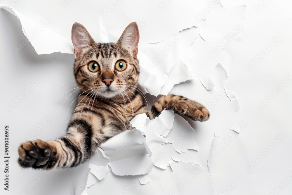 Tabby Toyger cat tearing through a white paper background and reaching ...