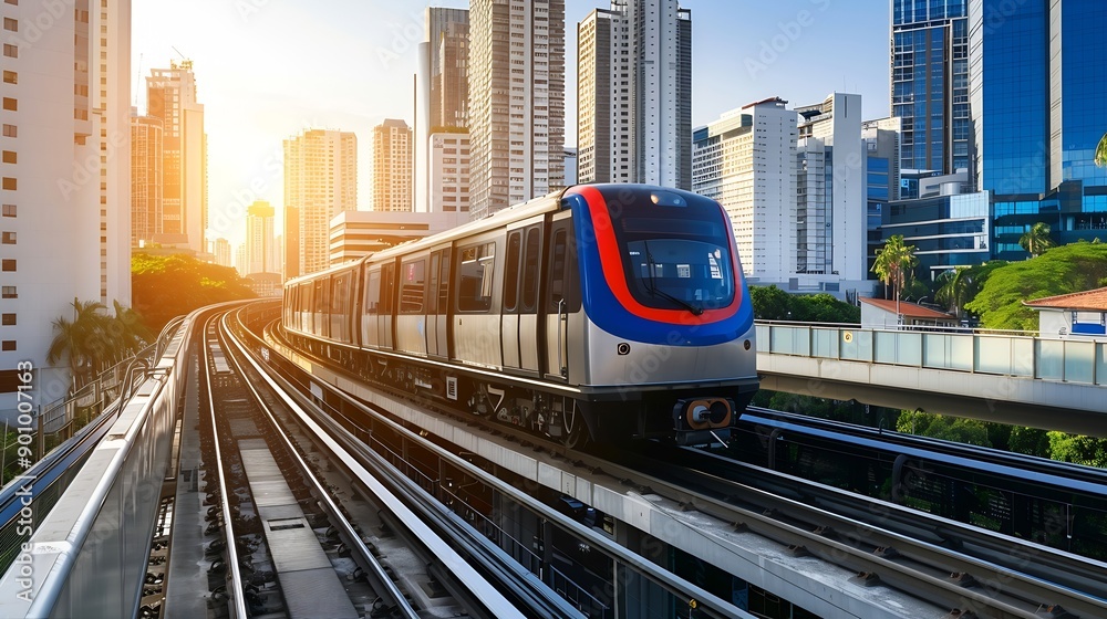 BTS Skytrain Electric train running on the way with business office ...