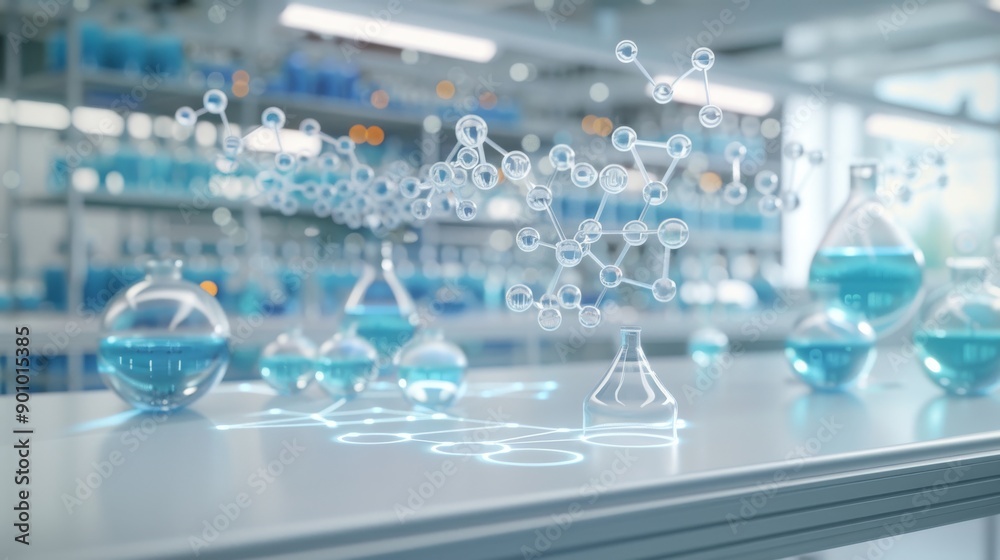 Realistic chemical plant with 3D molecular structures floating above ...