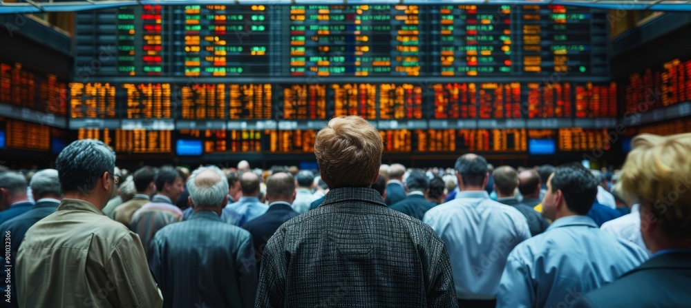 Crowd people looking at stock market crash crisis data on display ...