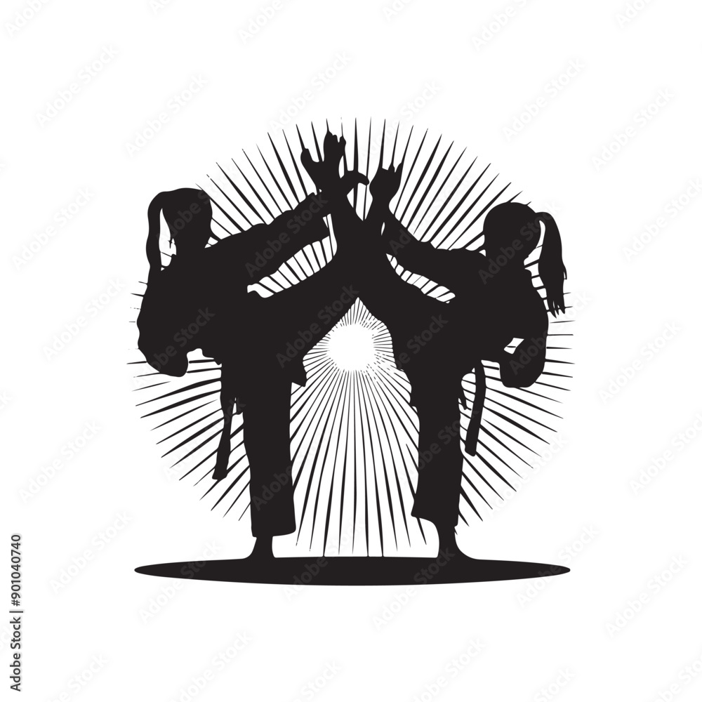 karate two girl fight vector art illustration logo design black and ...