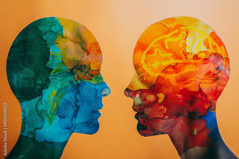 Rational and irrational thinking concept between two people. Two heads ...