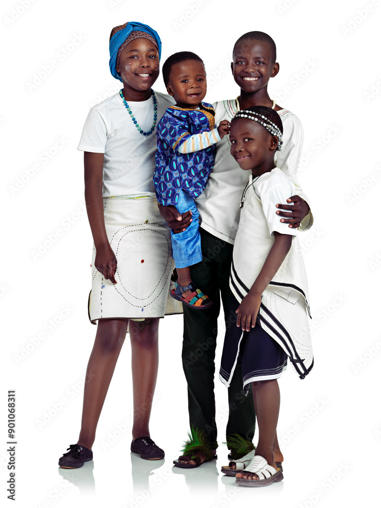 African kids, studio and portrait with culture in fashion for family ...