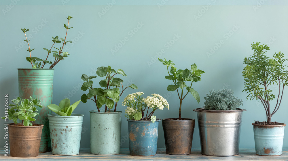 Eight potted plants of various types and sizes sit in a row on a teal ...