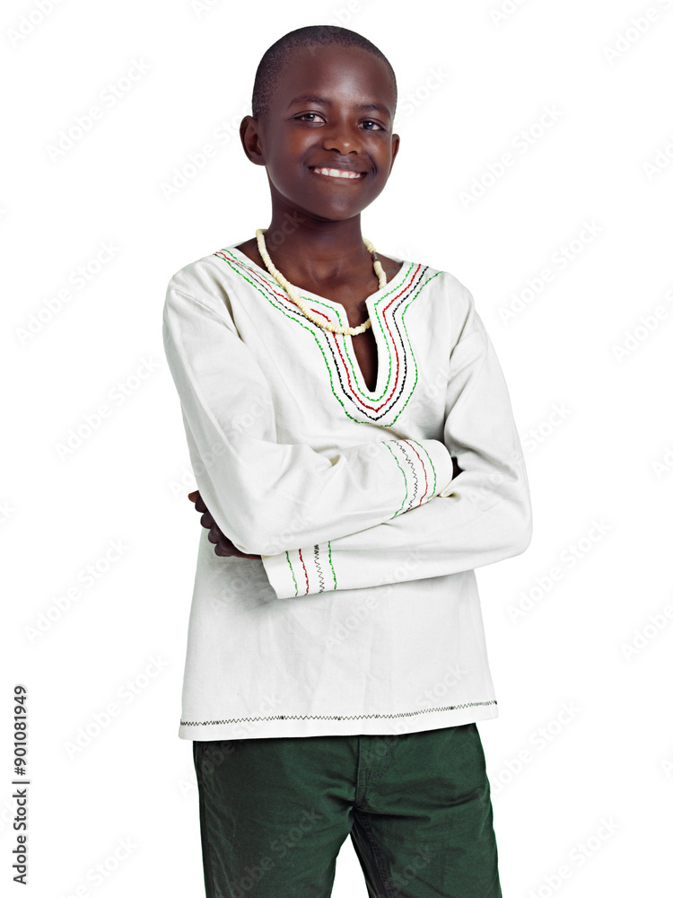 Traditional, black kid and portrait with arms crossed in studio for ...