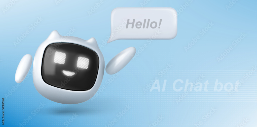 Cute friendly robot with welcome speech bubble on pastel blue ...