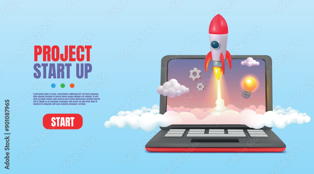 3d laptop. Rocket launch on screen, business startup start banner for ...