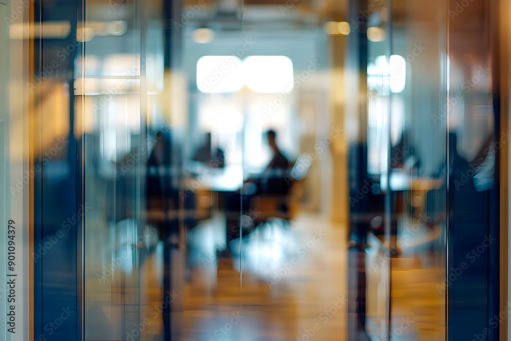Blurred image of people in a modern office meeting room, seen through ...