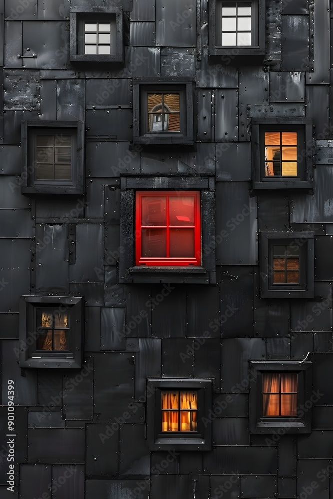 Black metallic facade featuring diverse window styles and sizes; the ...