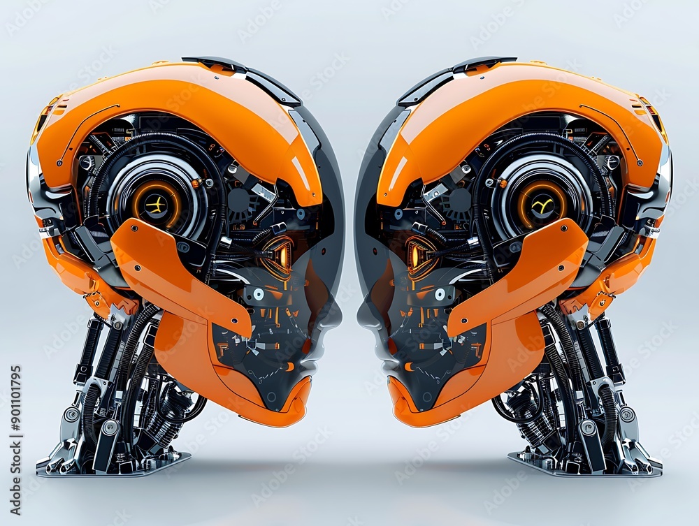 two orange robot faces kissing, the left one is female and male on ...