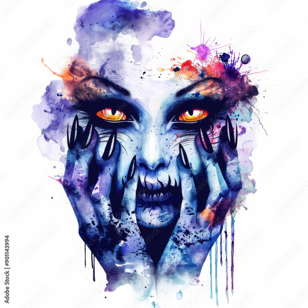 Watercolor clipart realistic evil scary terrifying alien creature Stock ...