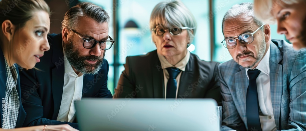 Business meeting interrupted by software crash, executives looking at ...