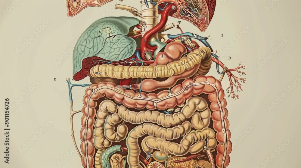 A diagram of the human digestive system with labeled organs such as the ...