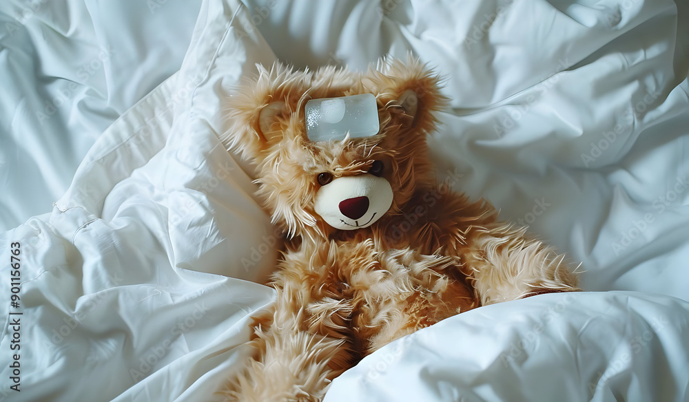 Cute teddy bear resting in a cozy white bed with a cold pack on its ...