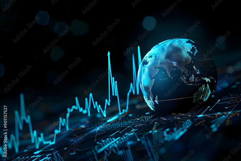 Global finance concept with digital world map and stock market data visualization, representing ...