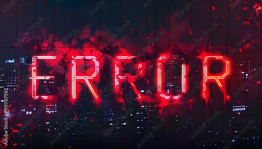 Glowing red 'ERROR' sign over a dark cityscape, symbolizing digital ...