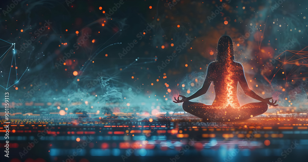 Person meditating with a glowing chakra system in a cosmic digital ...