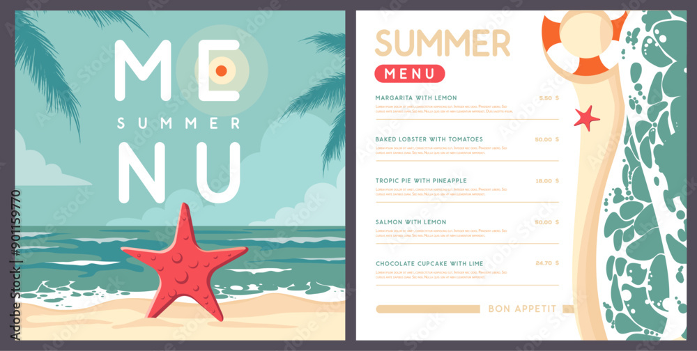 Vintage summer menu design with top view ocean waves, sand beach and ...
