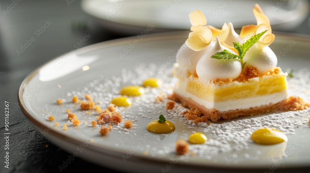 A modern dessert plate featuring a deconstructed lemon tart with tangy ...