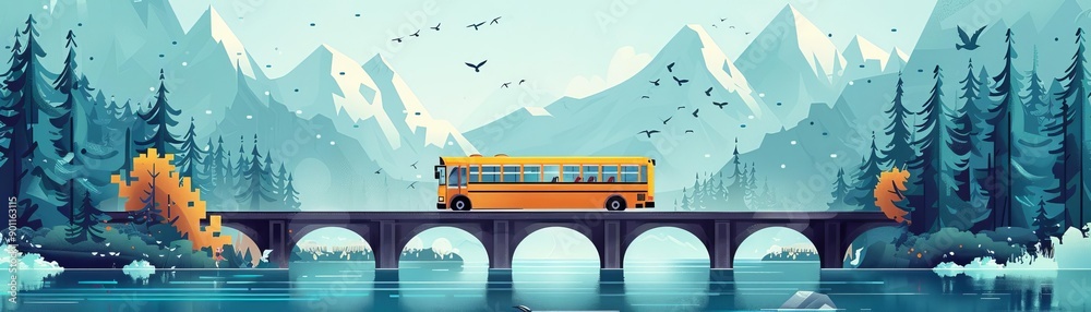 Flat design of a school bus crossing a bridge over a river, with scenic ...