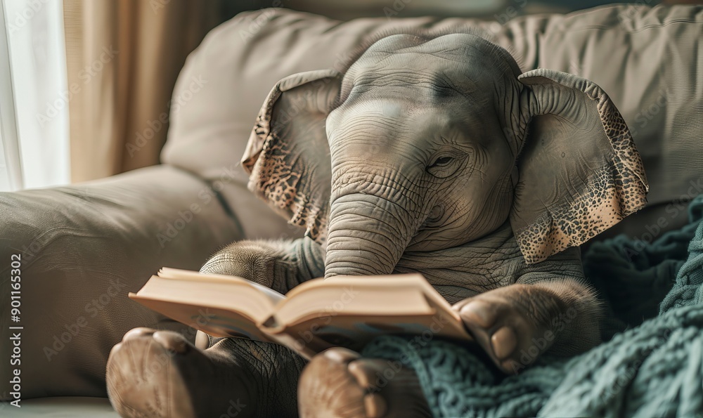 elephant reading book on sofa, learning and knowladge concept ...