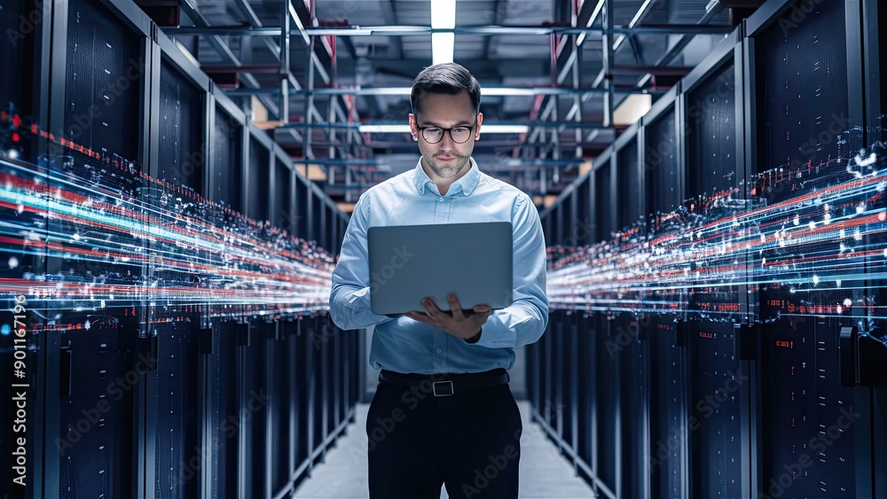 Data Center Chief Technology Officer Holding Laptop, Standing In ...
