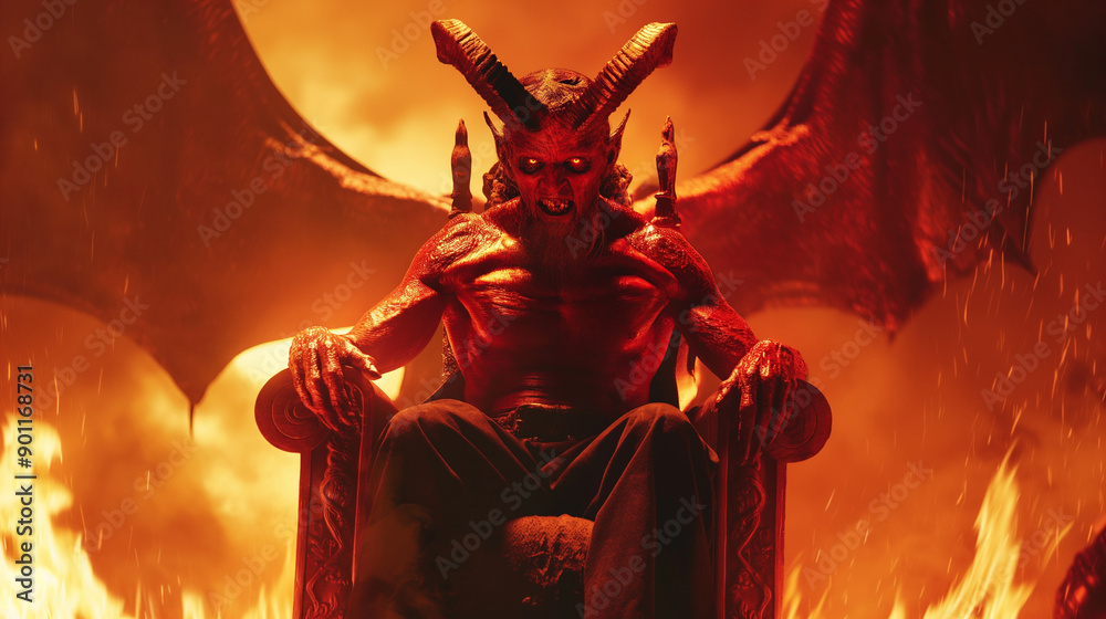 A red-skinned demon sitting on a throne in a fiery environment. Stock ...