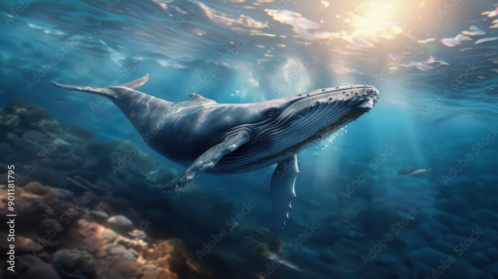 Blue Whale moving through deep, dark waters of Mariana Trench ...