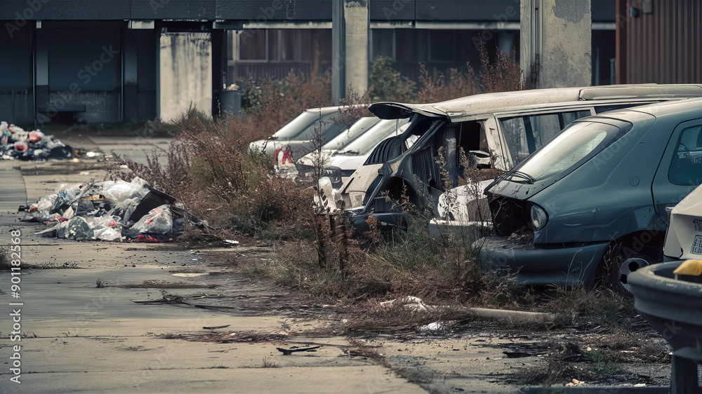 An abandoned parking lot with wrecked cars parked in it. The area is ...