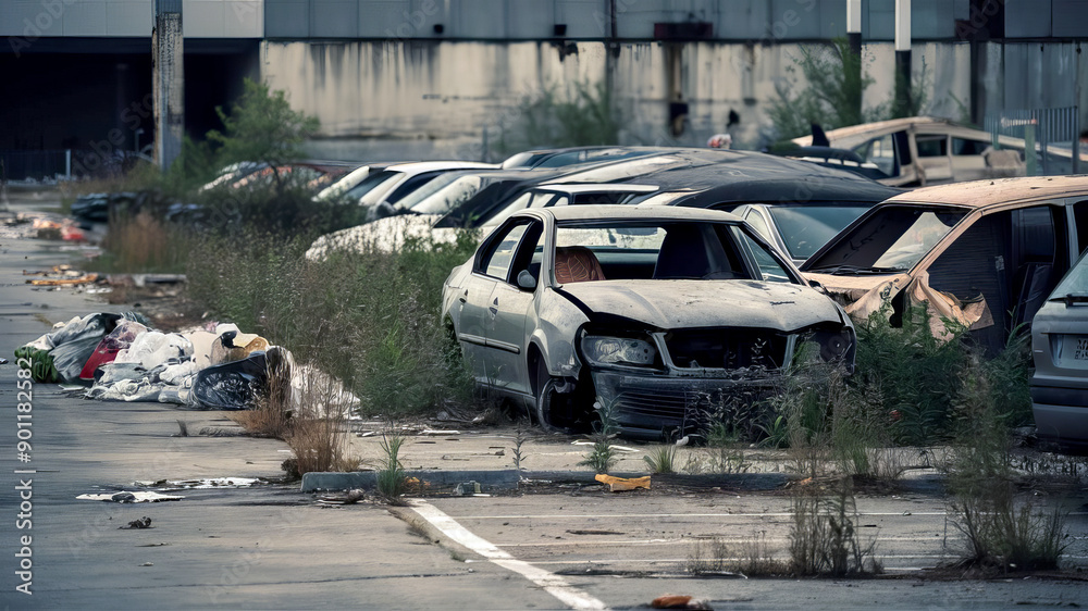 An abandoned parking lot with wrecked cars parked in it. The area is ...