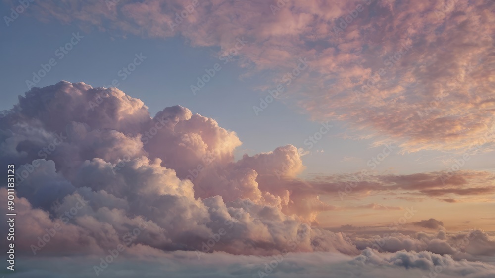 A morning sky with the first light of dawn, soft pastel colors blending ...