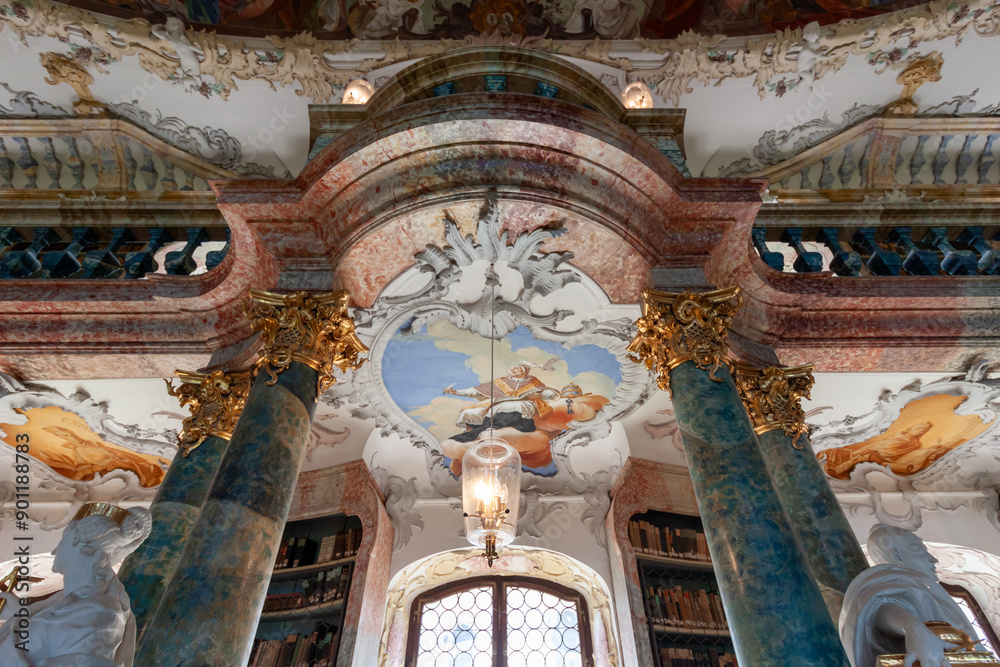 Rococo and baroque decors of the library in Wiblingen abbey, near Ulm ...