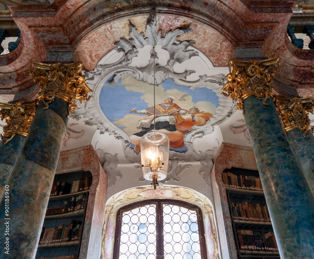 Rococo and baroque decors of the library in Wiblingen abbey, near Ulm ...