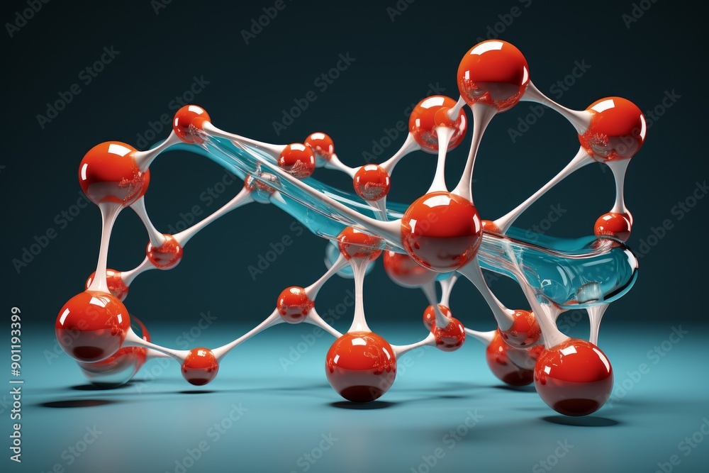 High-resolution image of a molecular structure with glossy red atoms ...