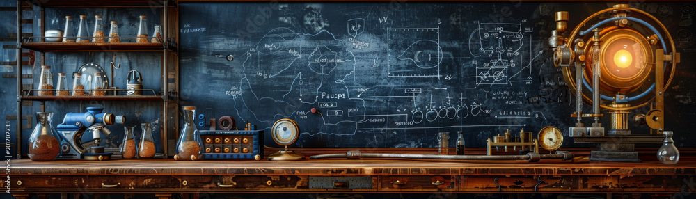 Detailed chalk drawing of a physics experiment setup on a blackboard ...