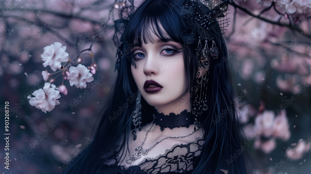 Gothic Portrait of Young Woman in Dark Lace with Cherry Blossom ...